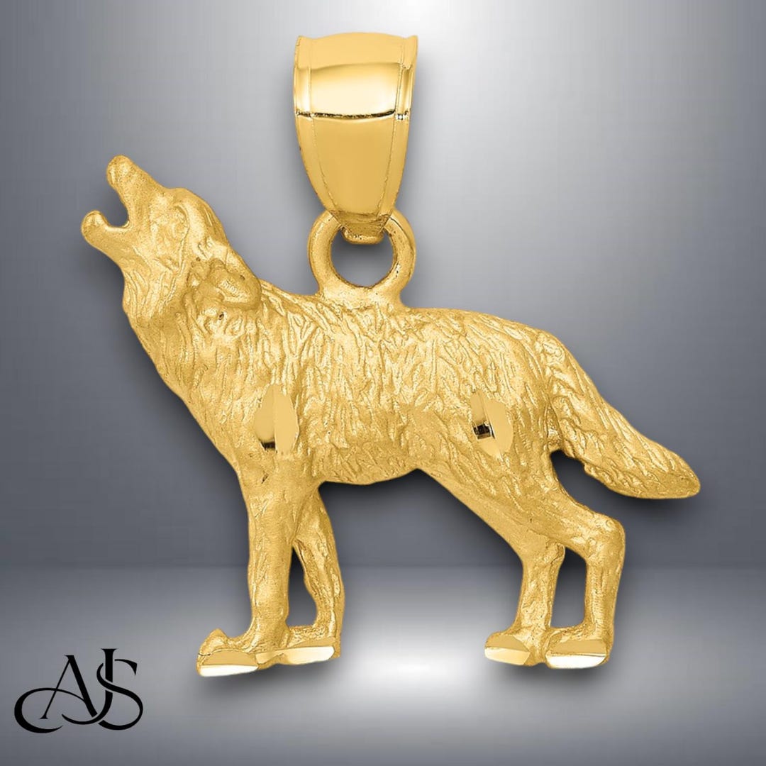 14K Yellow Gold Diamond-cut Howling Wolf Pendant With Necklace Chain ...