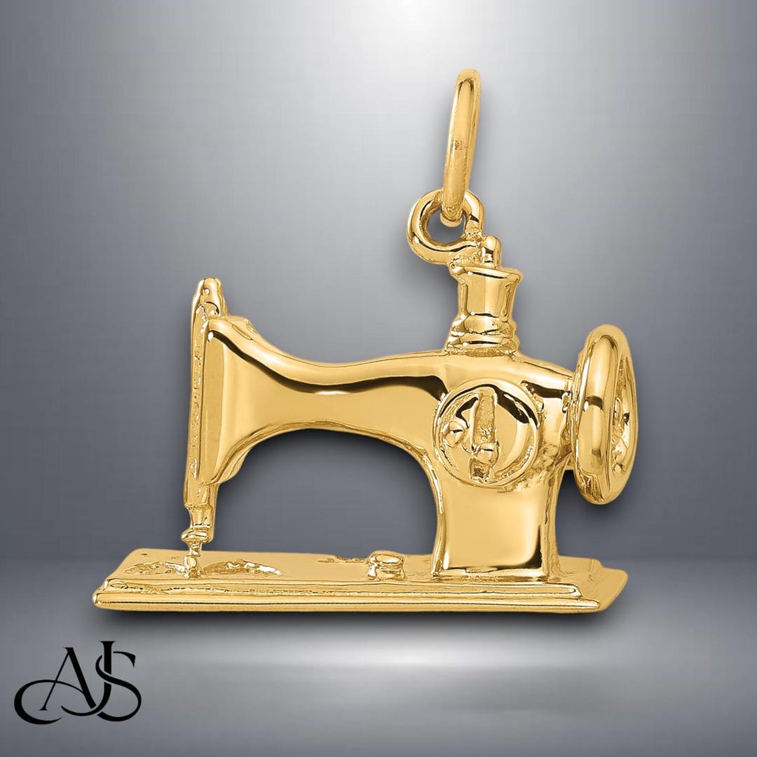 14K Yellow Gold 3D Antique Sewing Machine Pendant Charm With Chain ...