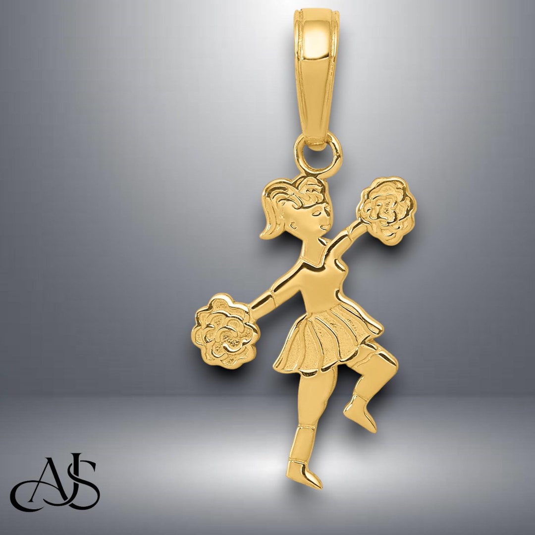 14K Yellow Gold Cheerleader With Pom-poms Pendant With Necklace Chain ...