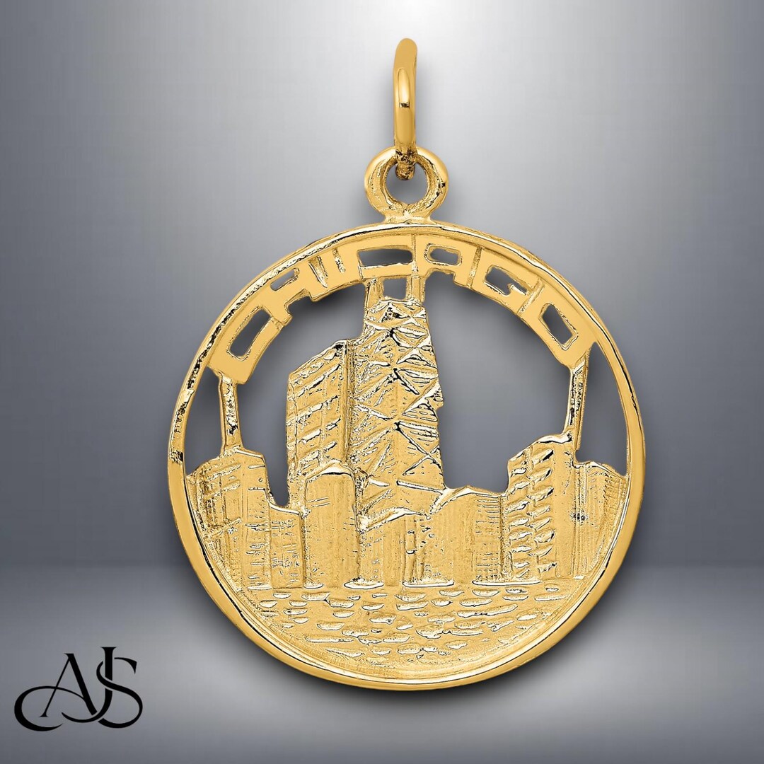 14K Yellow Gold Chicago Skyline Pendant Charm With Chain Necklace ...
