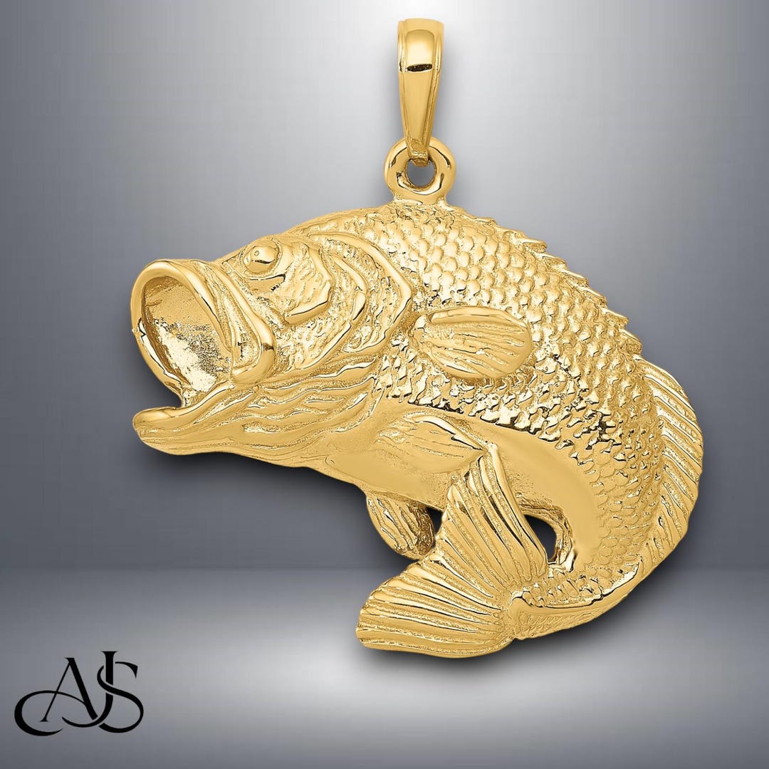 14K Yellow Gold Bass Fish Jumping Pendant With Chain Necklace Options ...