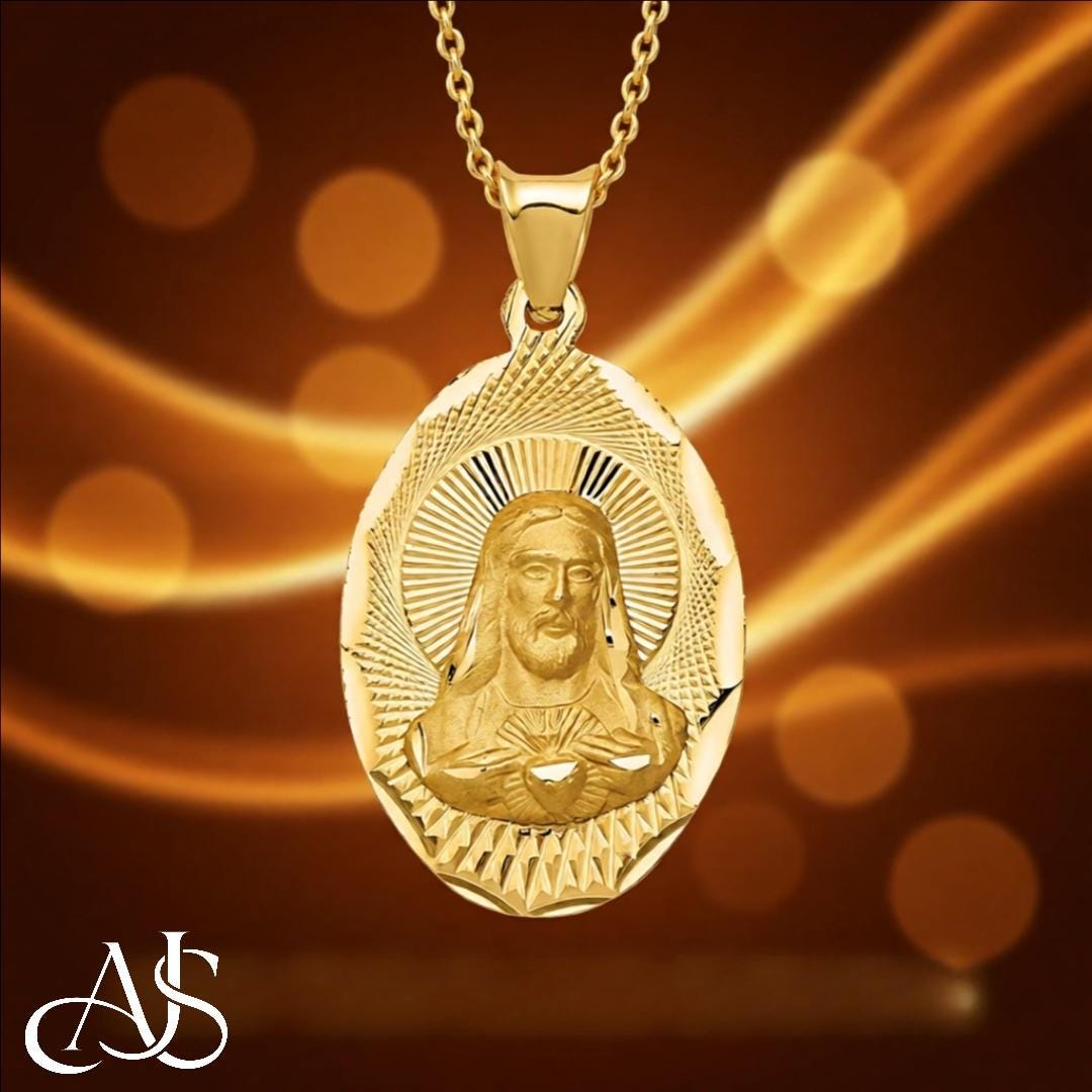 Jesus on Oval Radiant Cut Disc Engravable Pendant in 14K Yellow Gold ...
