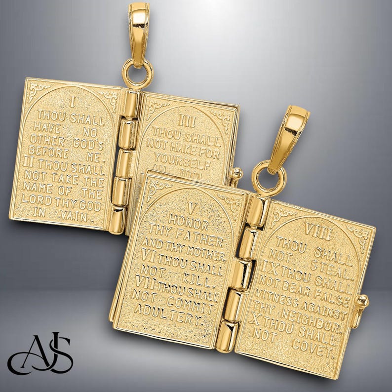 14K Yellow Gold 3D Ten Commandments Bible Pendant With Necklace Chain ...
