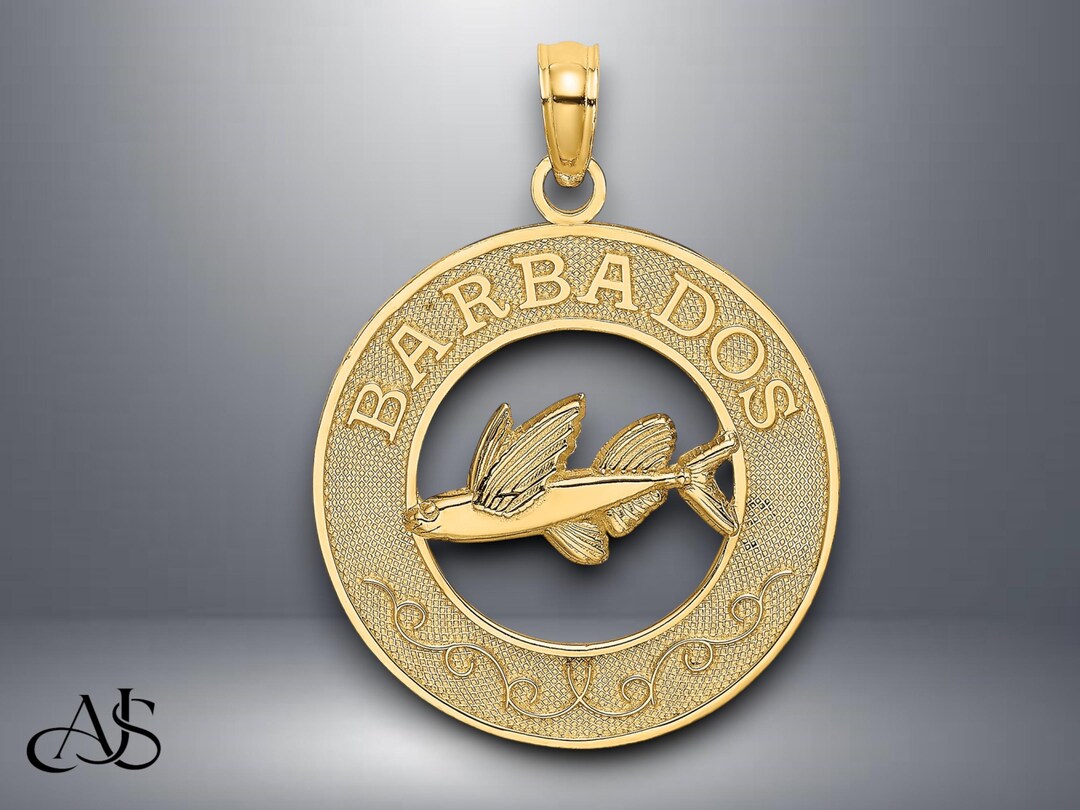 14K Yellow Gold BARBADOS Flying Fish Circle Charm With Necklace Chain ...