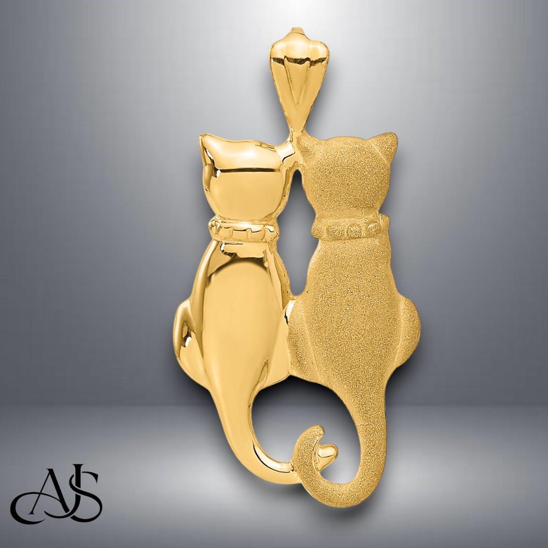 14K Yellow Gold Two Sitting Cats Pendant Satin Finish With Necklace ...