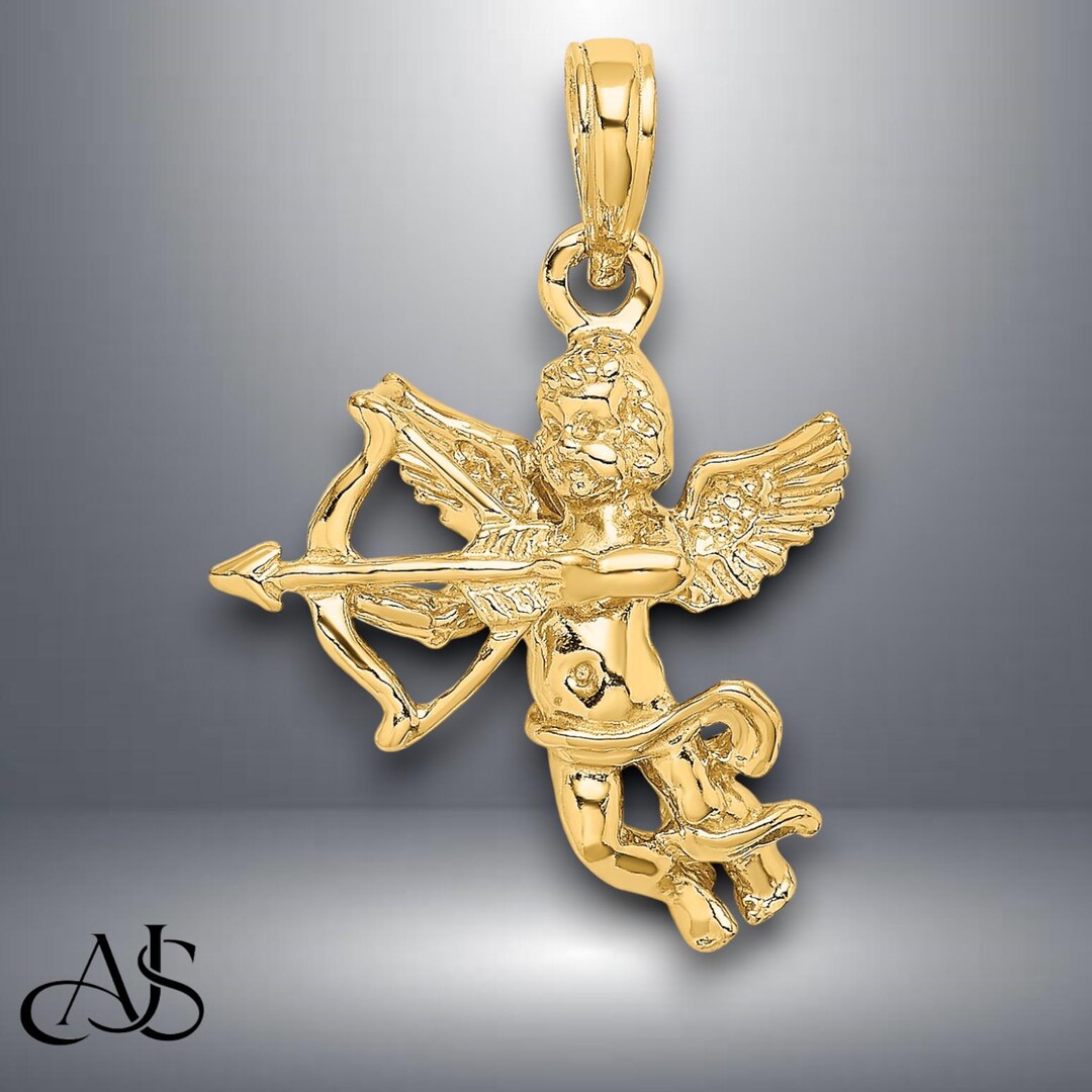 14K Yellow Gold Cupid With Bow and Arrow Pendant Charm With Necklace ...