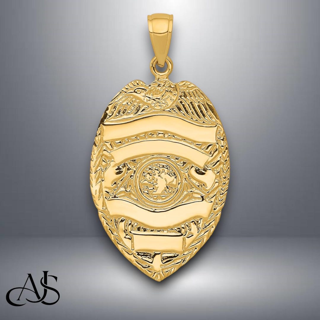 14K Yellow Gold Large Engravable Police Badge Pendant With Necklace ...