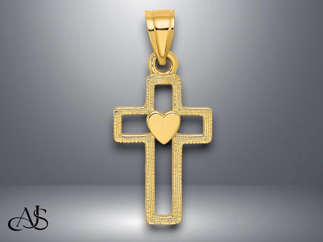 14K Yellow Gold Cut-out Cross W/ Heart Charm With Necklace Chain ...