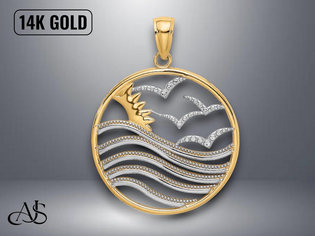 14K Yellow Gold Sunset and Seagulls in Circle Pendant With Necklace ...