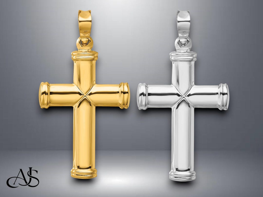 14K Yellow or White Gold 3D Puffed Cross Pendant With Necklace Chain ...