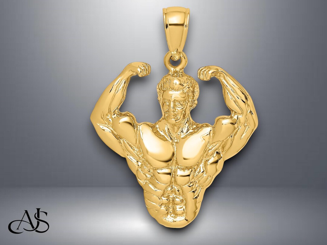 14K Yellow Gold 3-D Bodybuilder Waist up Pendant With Necklace Chain ...