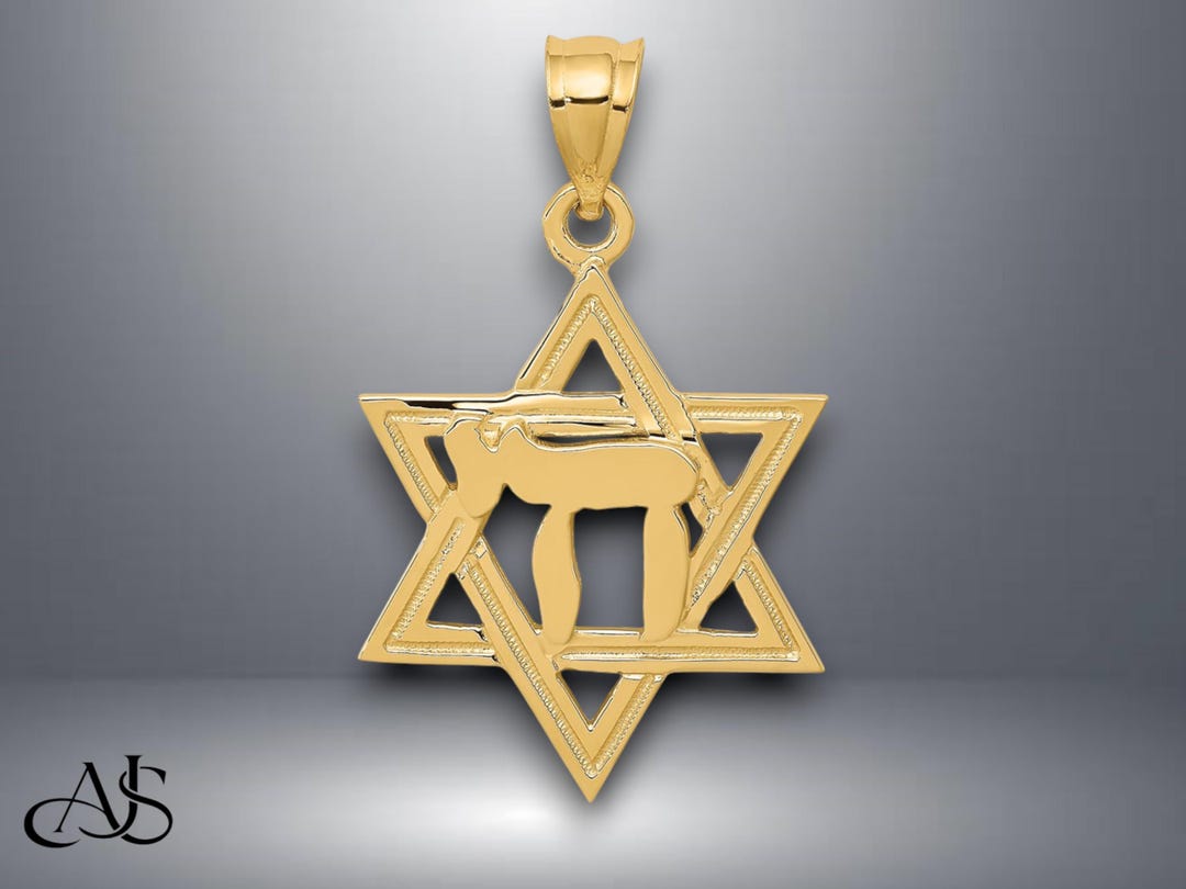 14K Yellow Gold Solid Chai in Star of David Pendant Charm With Necklace ...