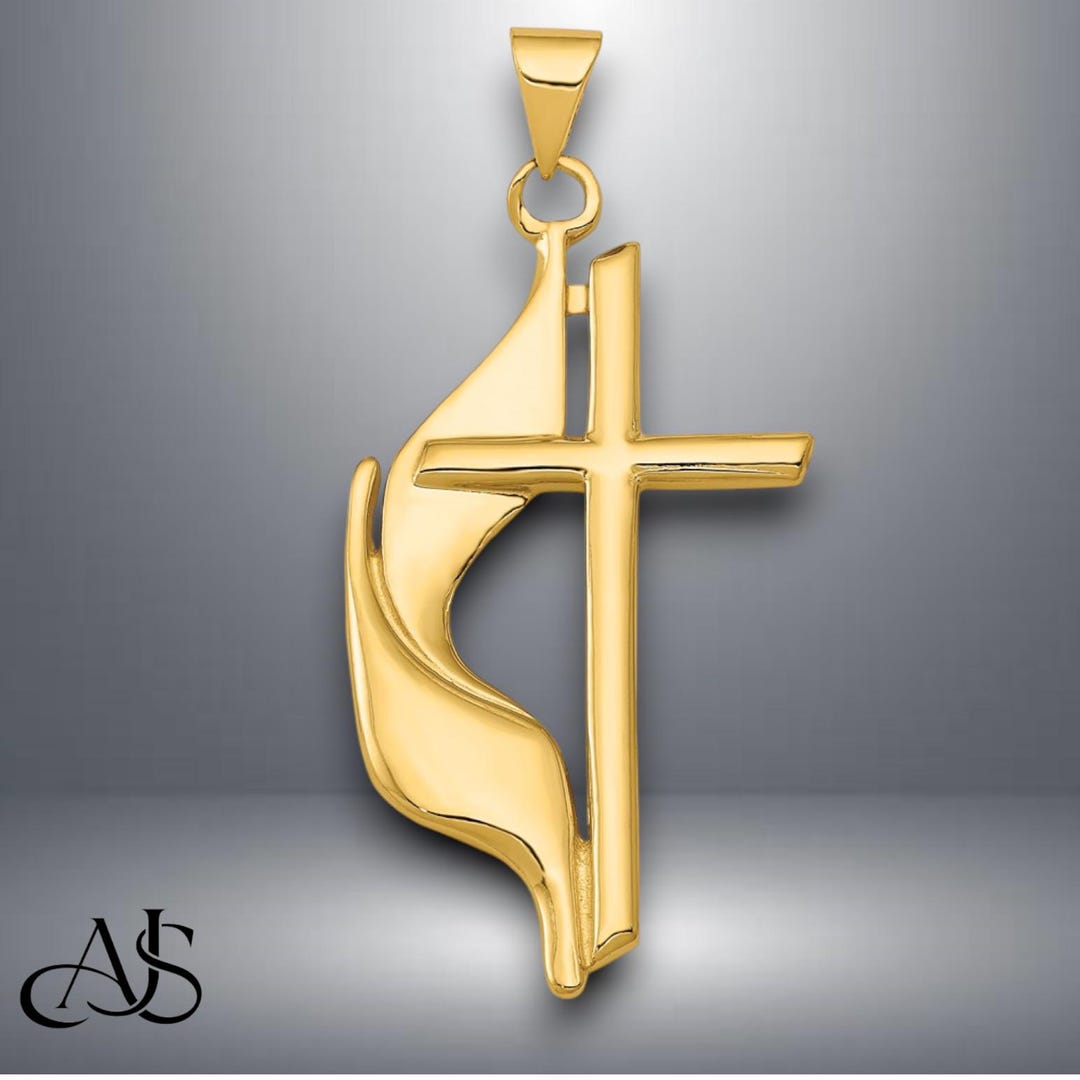 14K Yellow Gold Methodist Cross With Drape Pendant With Necklace Chain ...