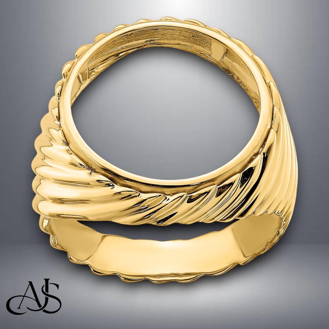 14K Gold Coin Ring Bezel With Swirl Ridges - Men's Polished Fit - Etsy