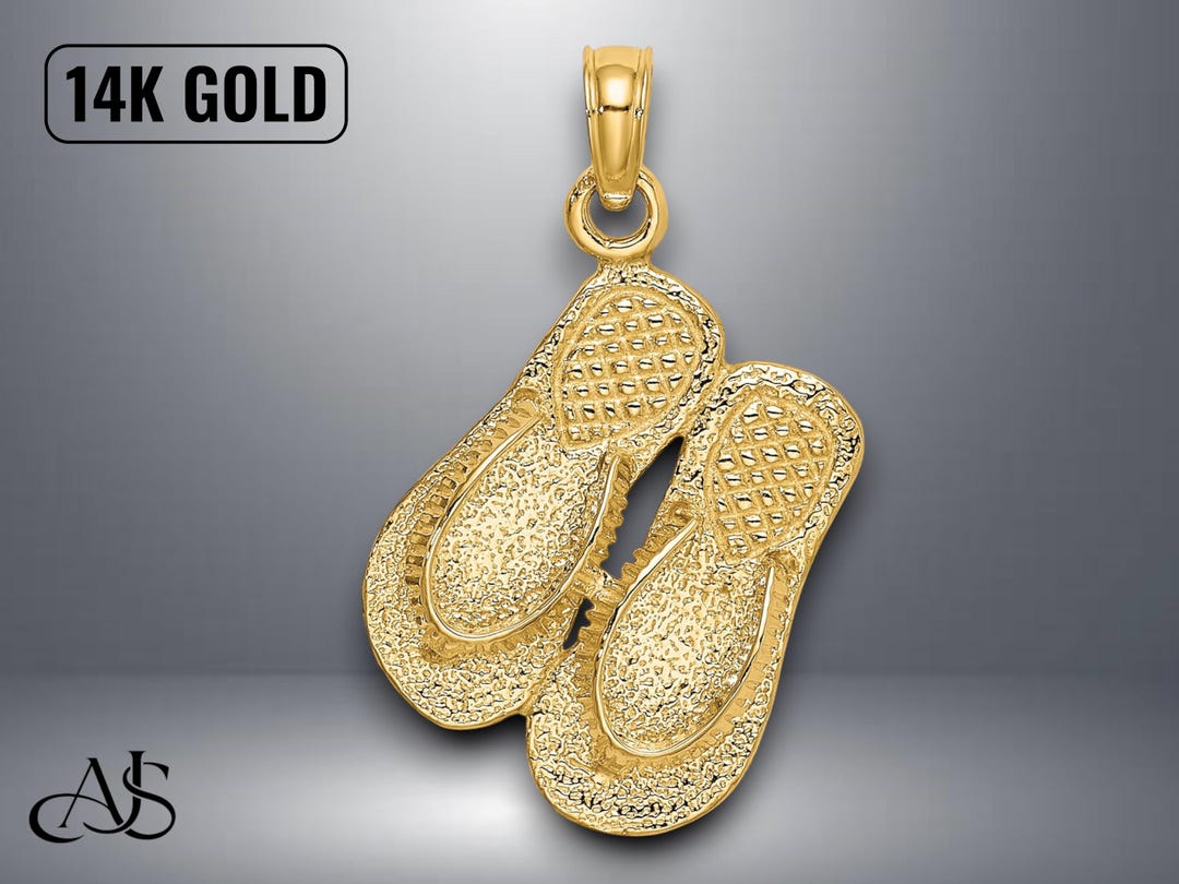 14K Yellow Gold Large Textured Strap Double Flip-flop Charm With ...