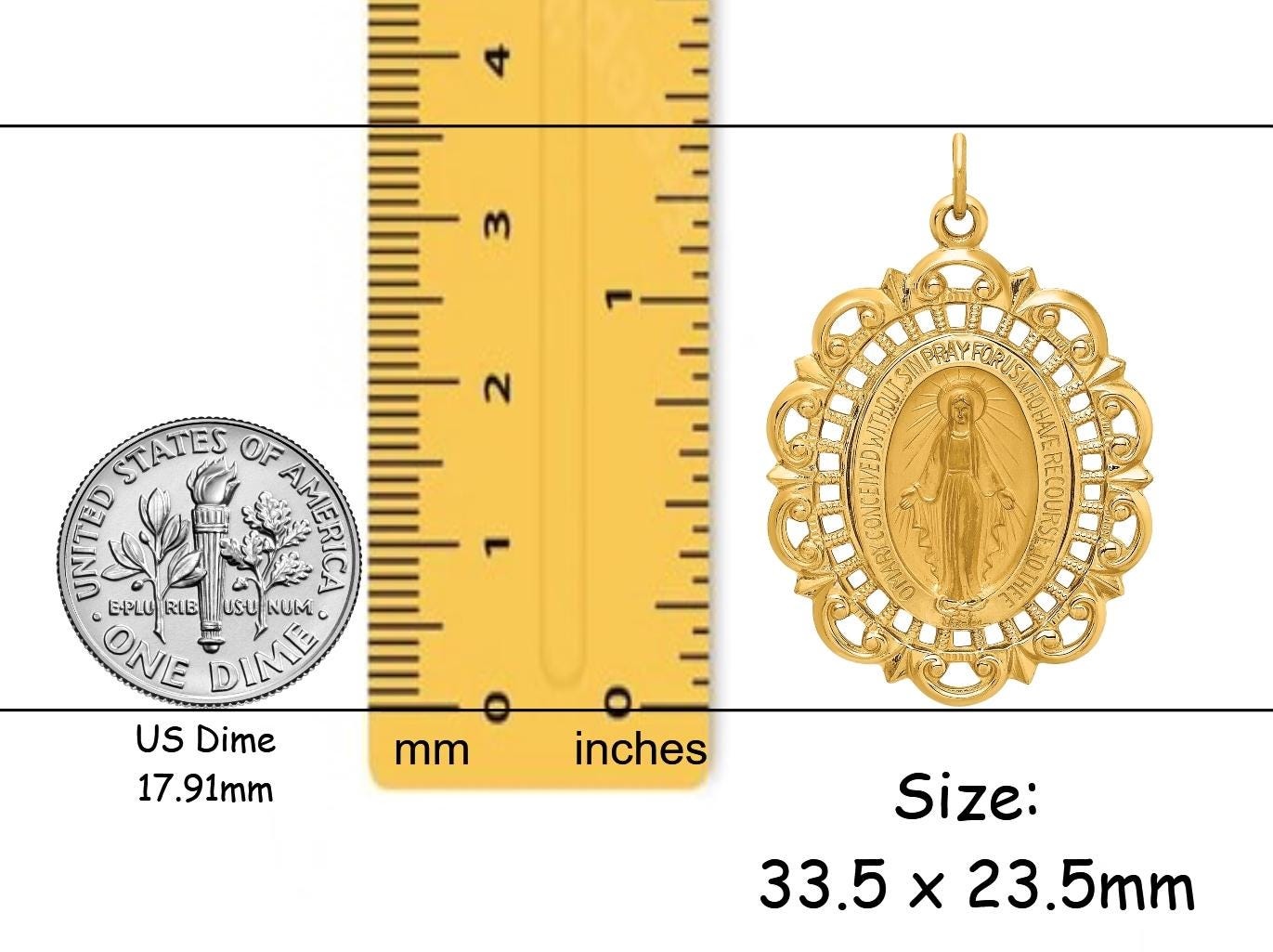 14k Solid Gold Oval Miraculous Medal With Fancy Lace Filigree Border ...