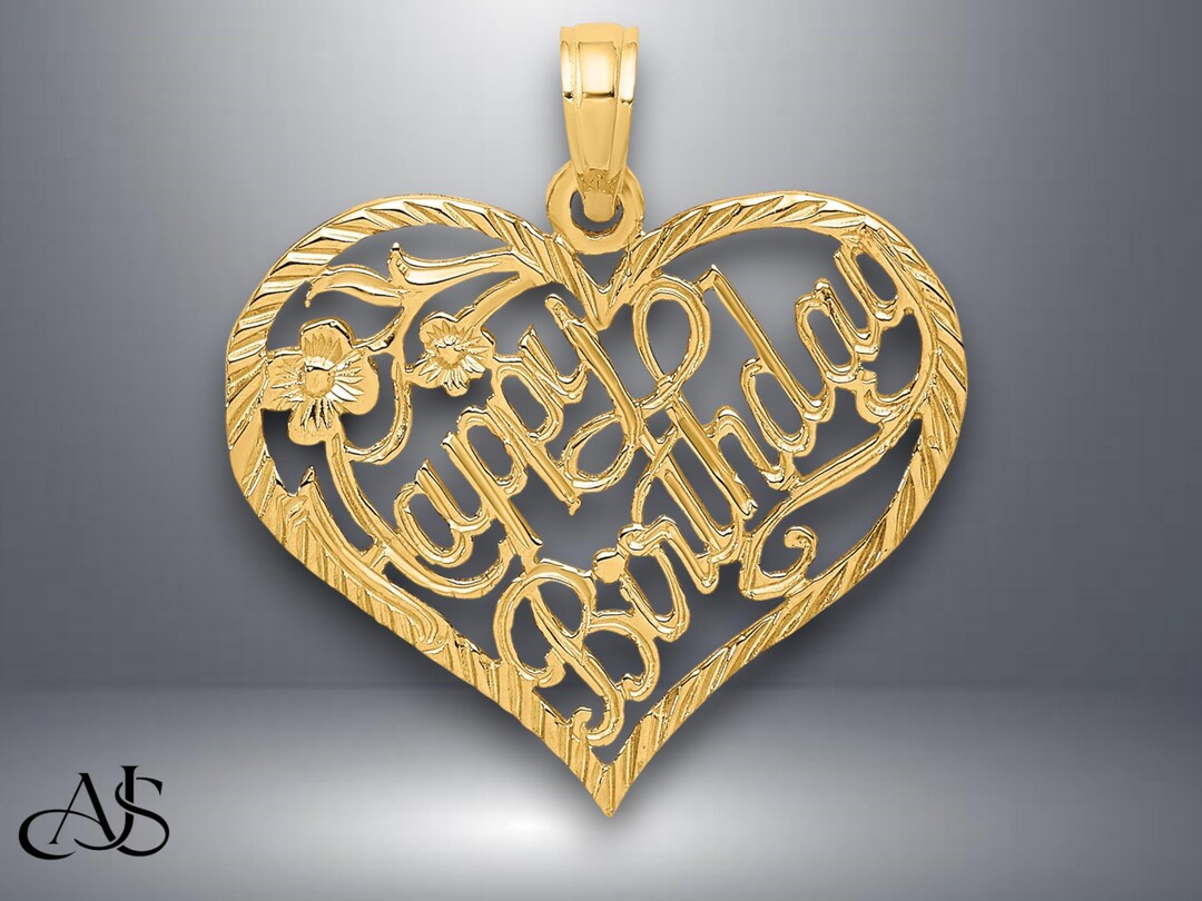 14K Yellow Gold Solid HAPPY BIRTHDAY Heart Charm With Necklace Chain ...