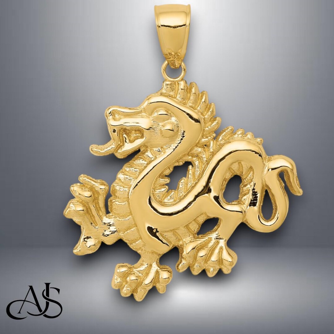 14K Yellow Gold Solid Chinese Dragon Pendant With Necklace Chain ...