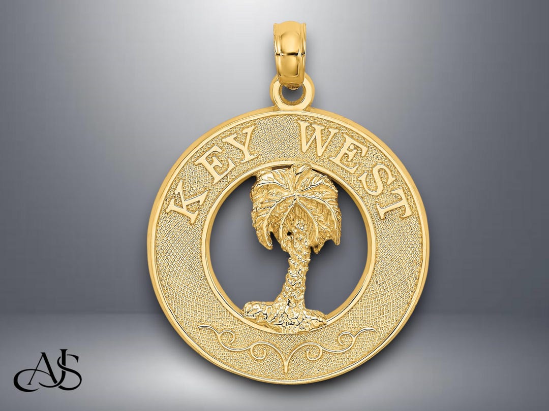 14K Yellow Gold KEY WEST W/palm Tree Circle Charm With Necklace Chain ...