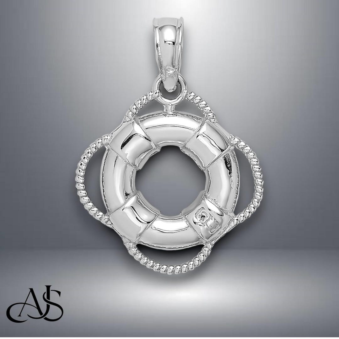 14K White Gold 3D Lifesaver Ring Pendant Charm With Necklace Chain ...