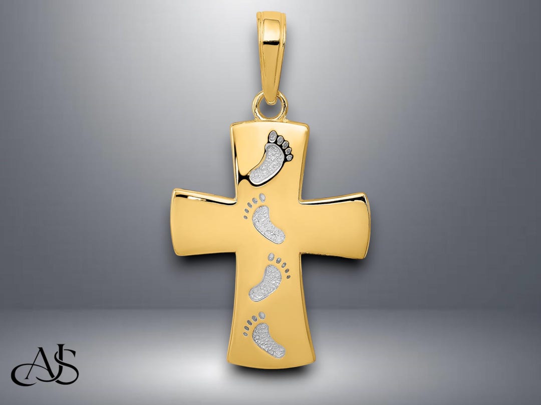 14K Yellow Gold Footprints Cross Pendant With Necklace Chain Options - Etsy