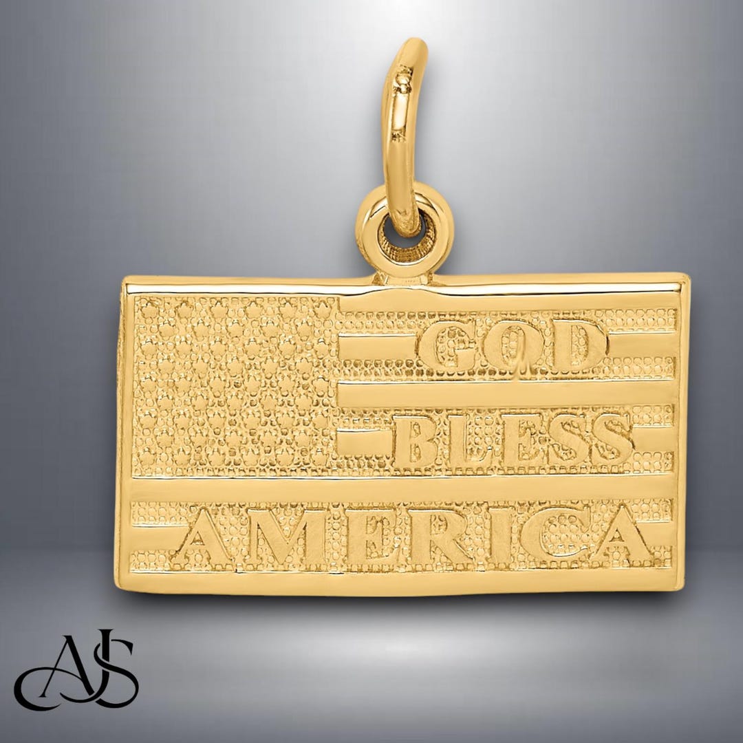 14K Yellow Gold God Bless America Flag Pendant Charm With Chain ...