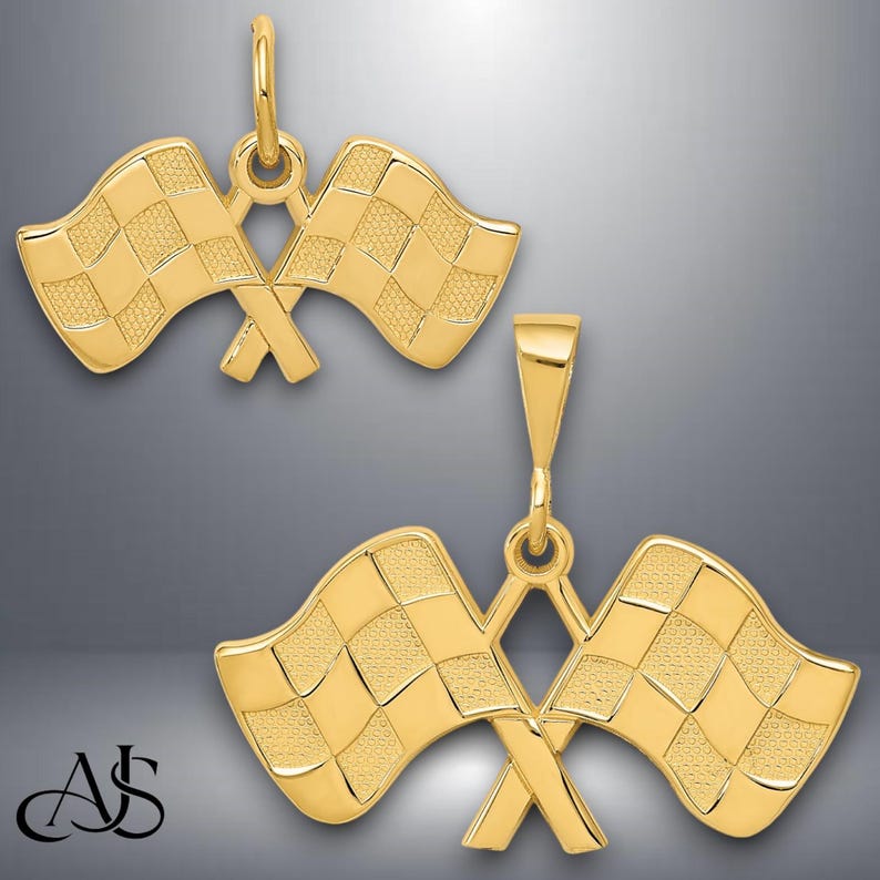14K Yellow Gold Racing Checkered Flags Pendant Charm With Necklace ...