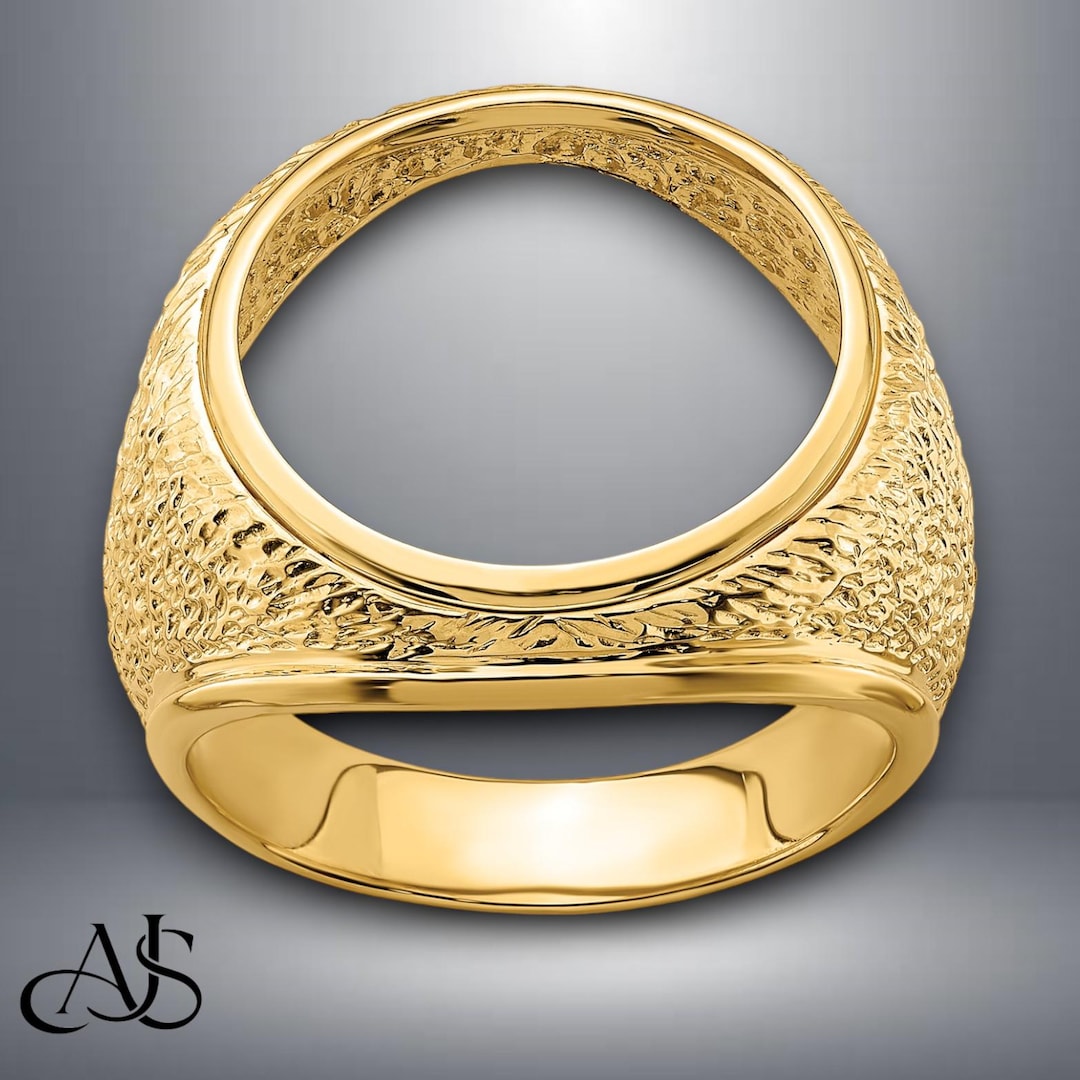 14K Gold Coin Ring Mounting for Men: Textured Bark Style - Etsy