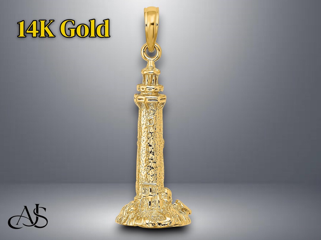14K Yellow Gold 3-D Fenwick Island Lighthouse Charm With Necklace Chain ...