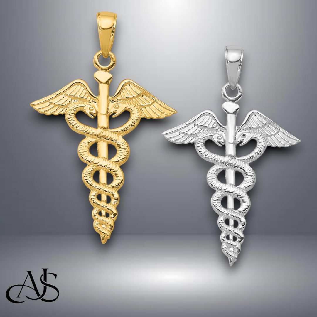 14K Yellow or White Gold Caduceus Pendant With Necklace Chain Options ...