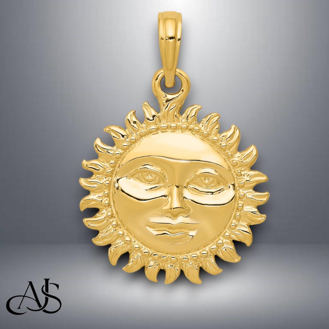 14K Yellow Gold Solid Reversible Sun Face Pendant With Necklace Chain ...