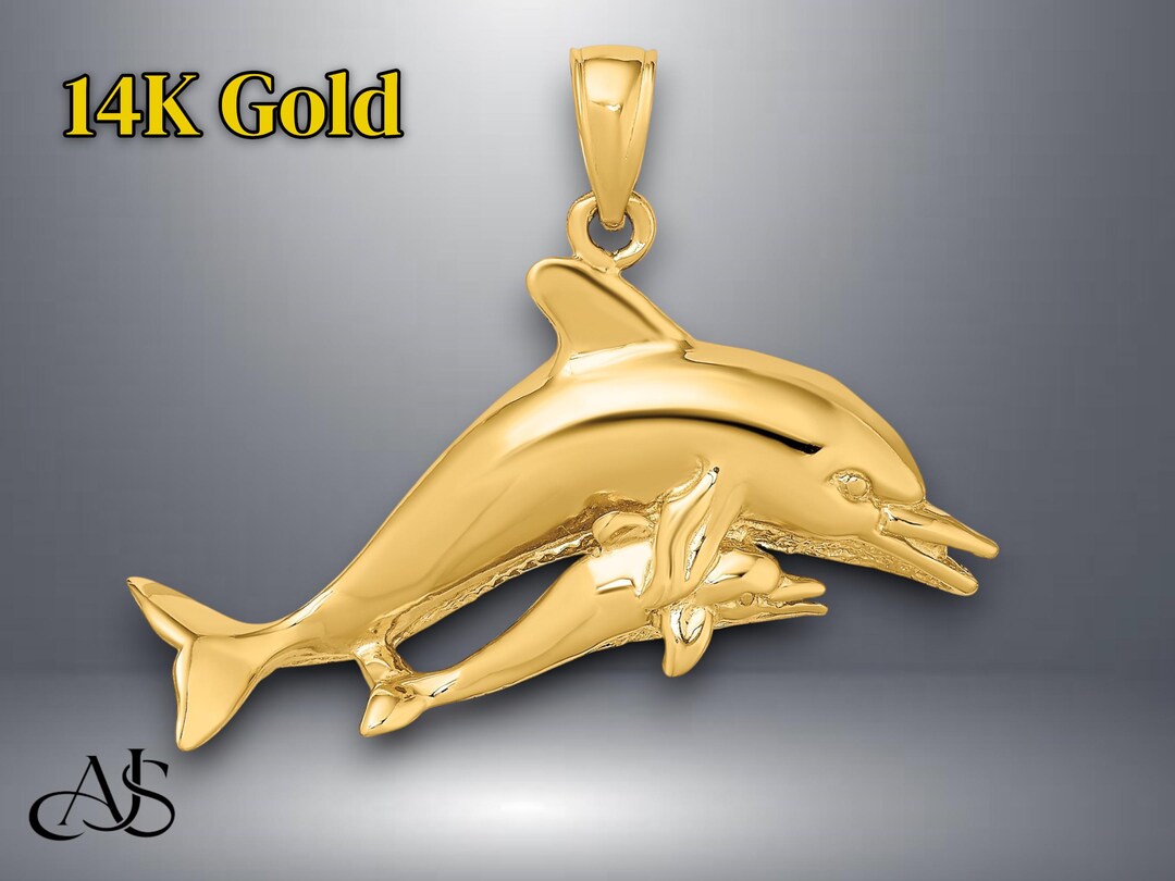 14K Yellow Gold 2-D Two Swimming Dolphins Charm With Necklace Chain ...