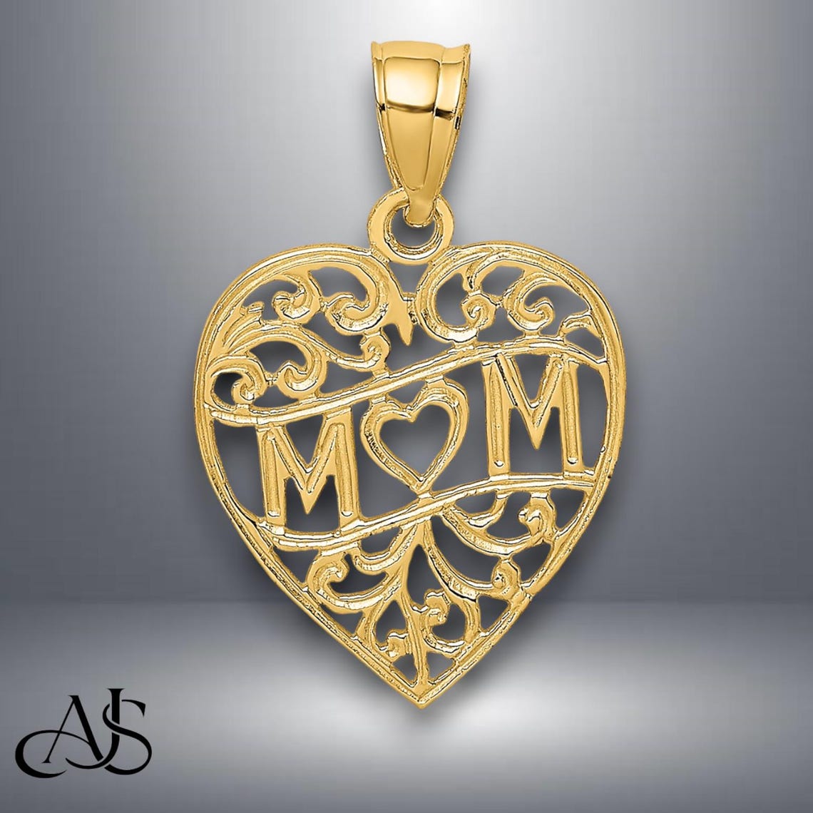 14K Yellow Gold MOM in Heart Pendant Charm With Necklace Chain Options ...