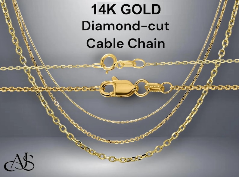 Solid 14K Gold Cable Link Chain Diamond-cut in Bracelets and Necklaces ...