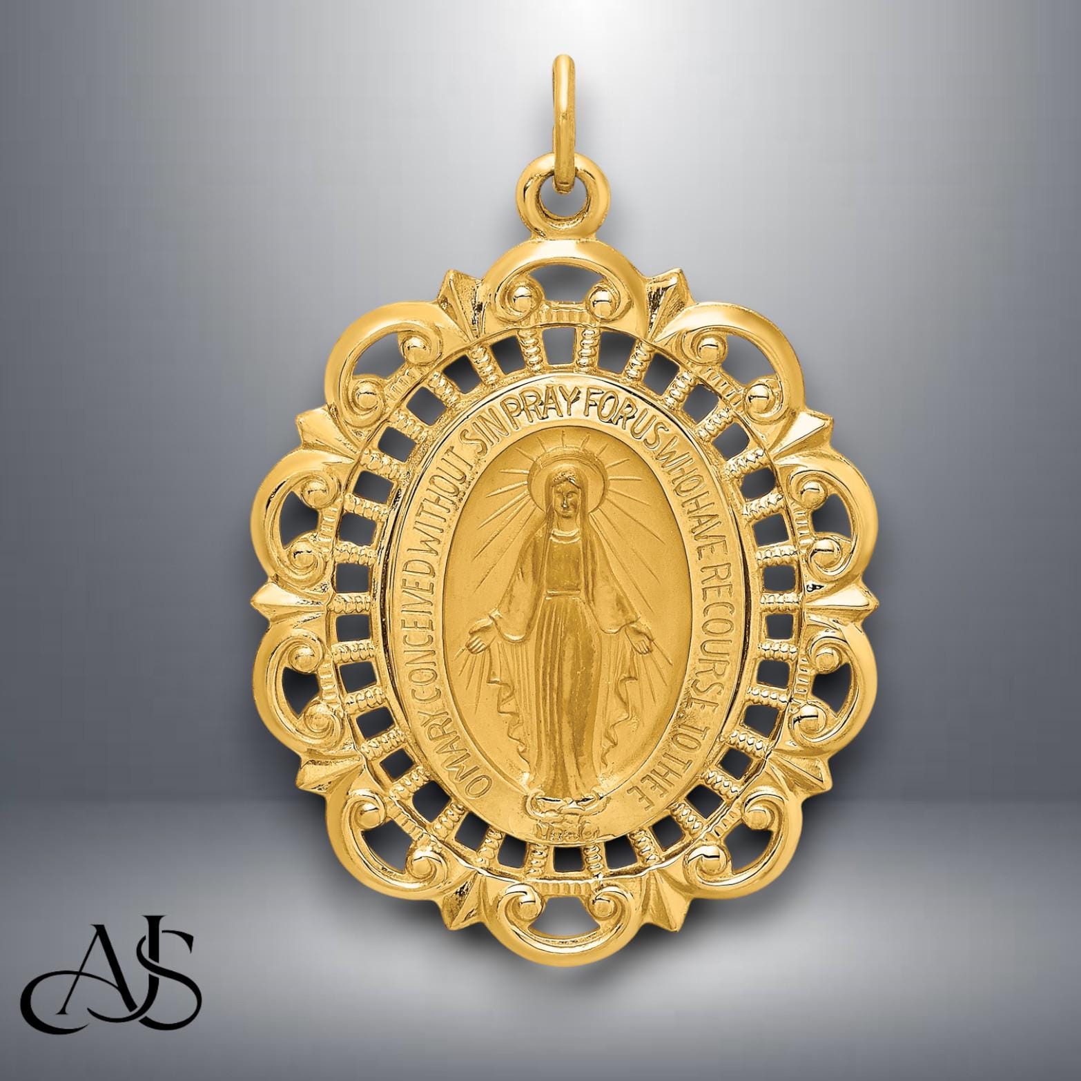 14k Solid Gold Oval Miraculous Medal With Fancy Lace Filigree Border ...