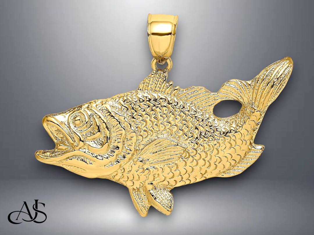 14K Yellow Gold Open Mouth Bass Fish Charm With Necklace Chain Options ...
