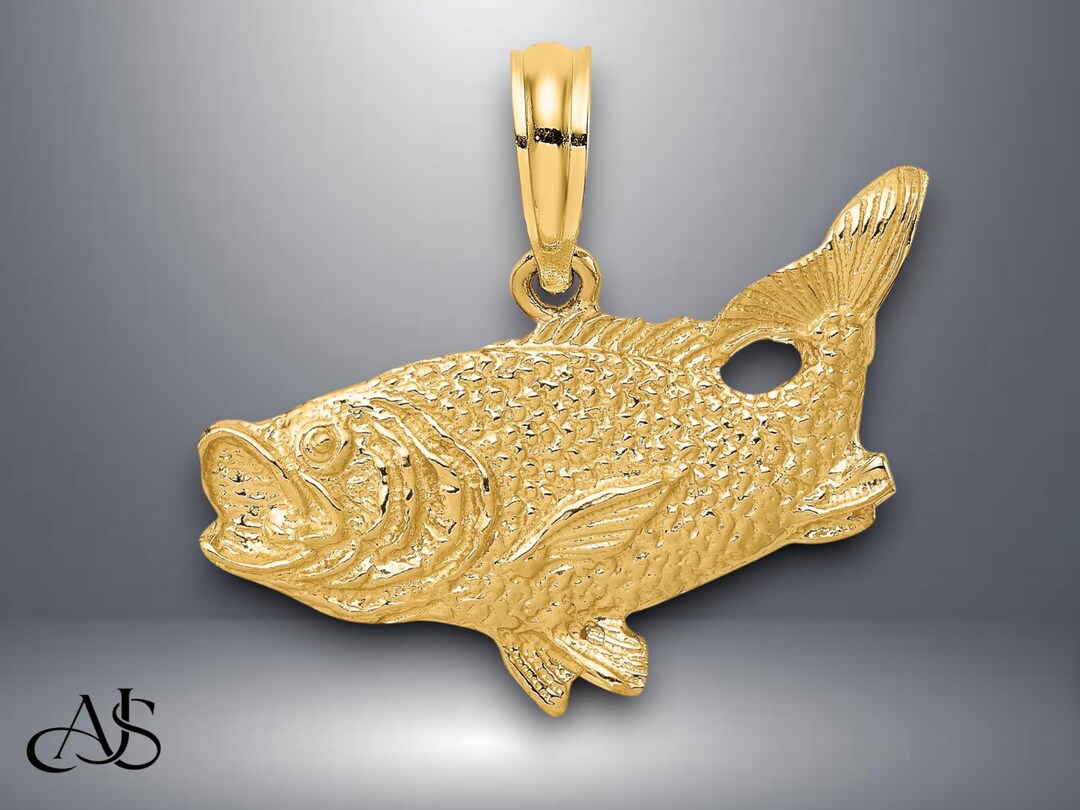 14K Yellow Gold 2-D Bass Fish Tail up Charm With Necklace Chain Options ...