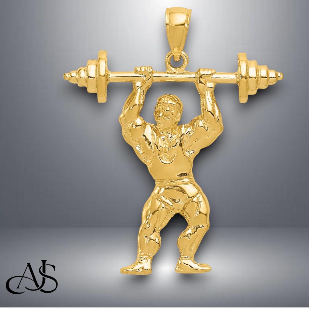 14K Yellow Gold Bodybuilder With Weights Pendant With Necklace Chain ...