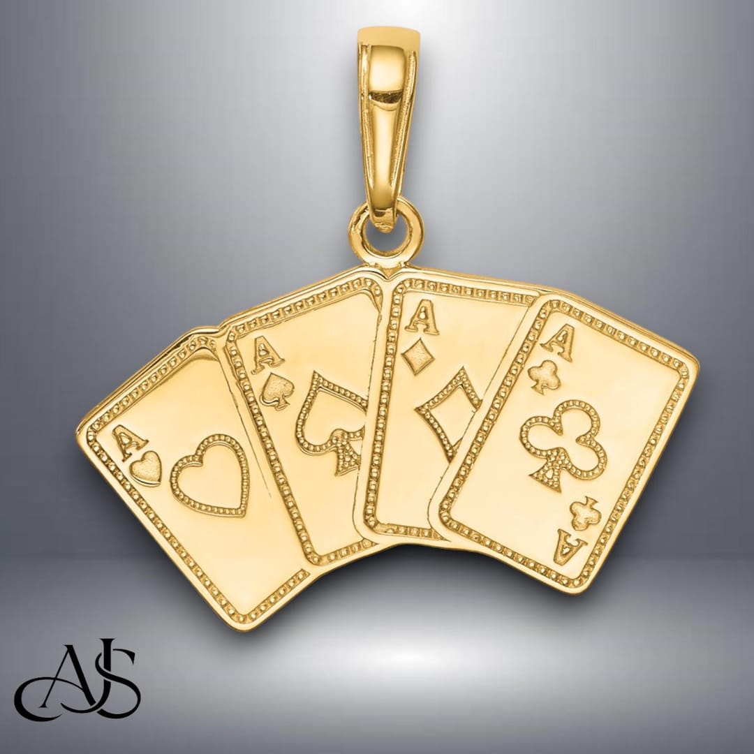 14K Yellow Gold Four Aces Playing Cards Pendant With Necklace Chain ...