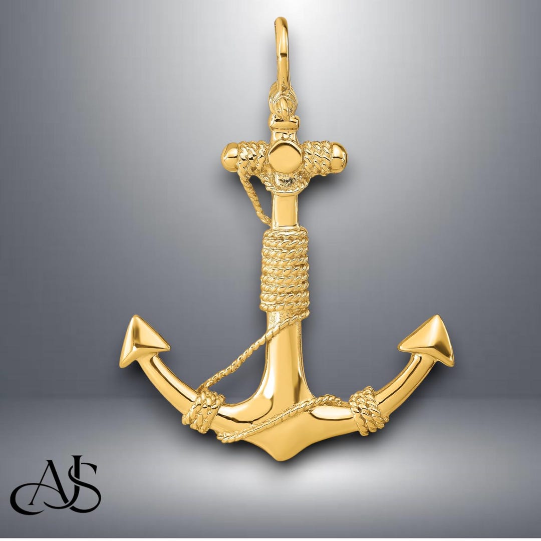 14K Yellow Gold 3-D Solid Anchor With Rope Pendant With Necklace Chain ...