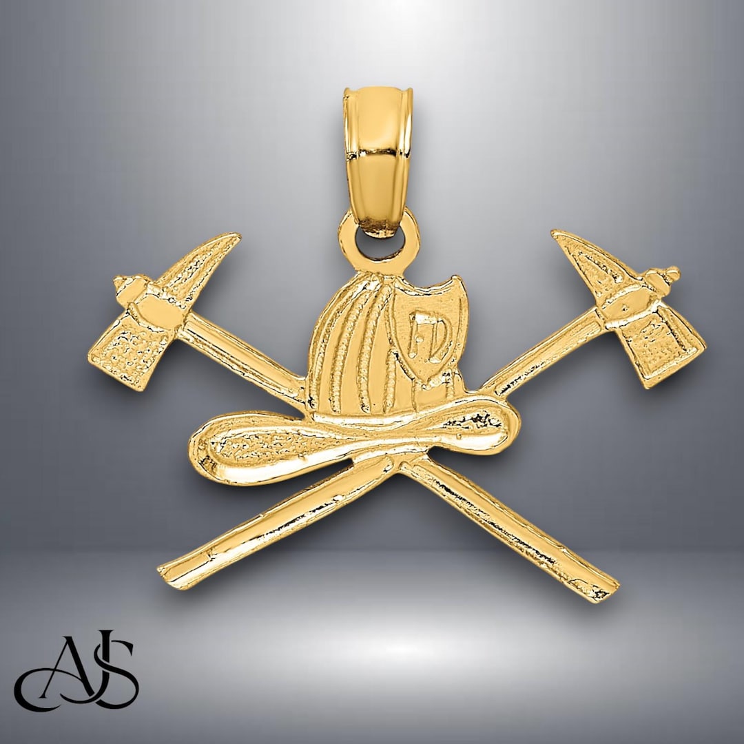 14K Yellow Gold Fire Department Insignia Pendant Charm With Necklace ...