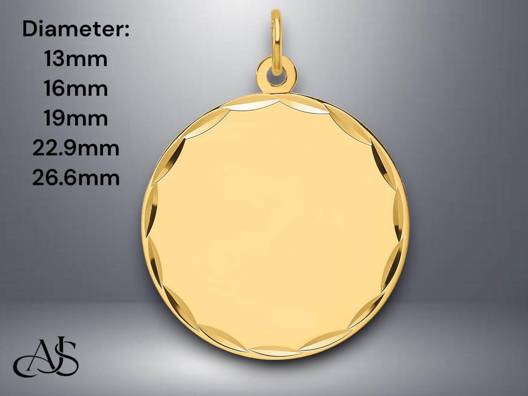 14K Solid Gold Round Engravable Disc Diamond-cut Border Charms Pendants ...