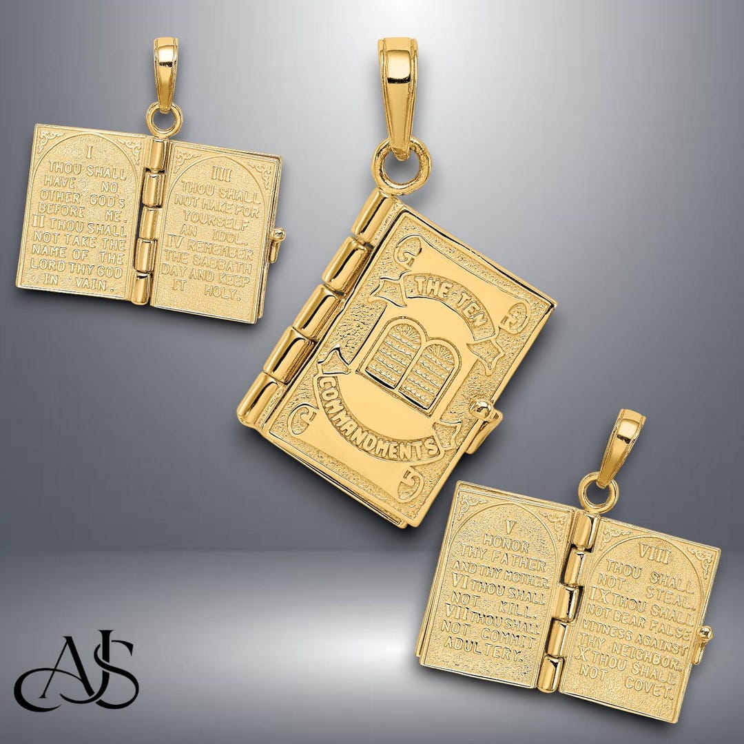 14K Yellow Gold 3D Ten Commandments Bible Pendant With Necklace Chain ...