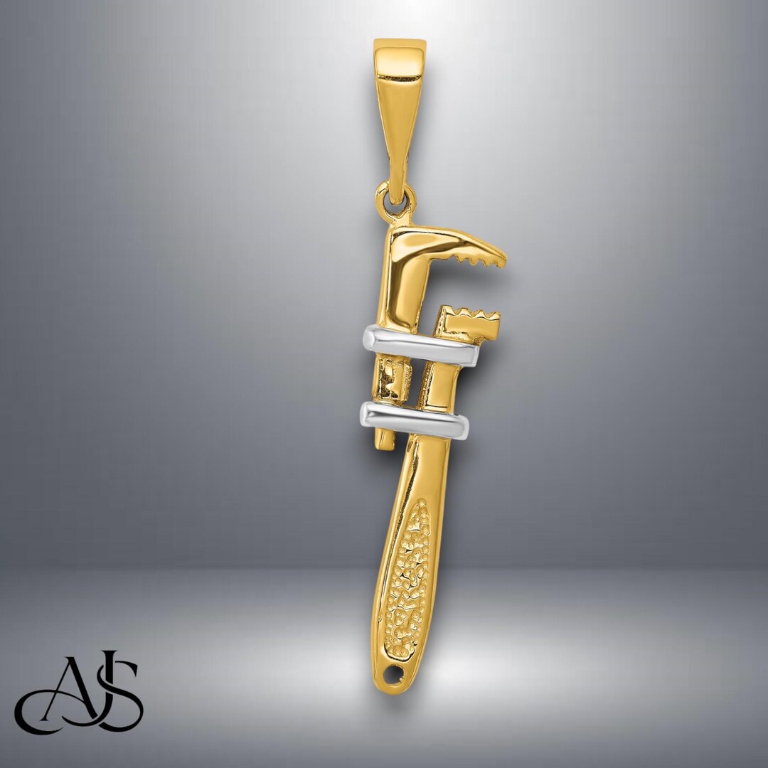 14K Yellow Gold 3-D Pipe Wrench Pendant Charm With Necklace Chain ...