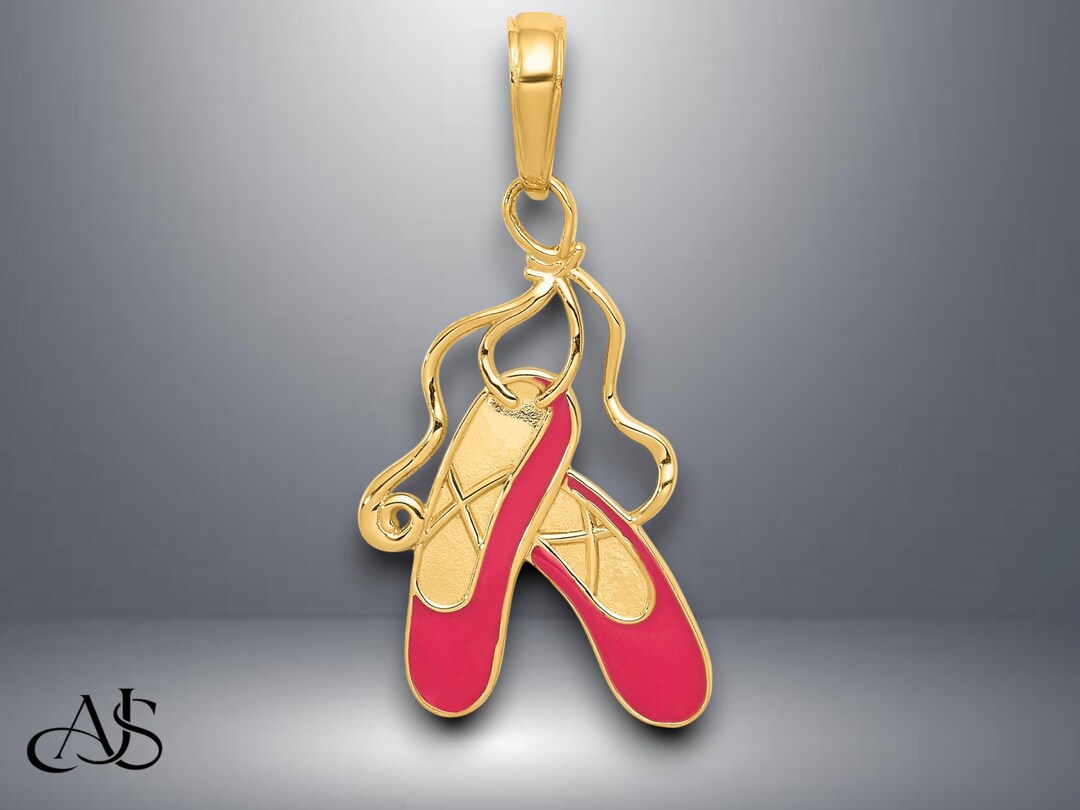 14K Yellow Gold Enameled Ballet Slippers Charm With Necklace Chain ...