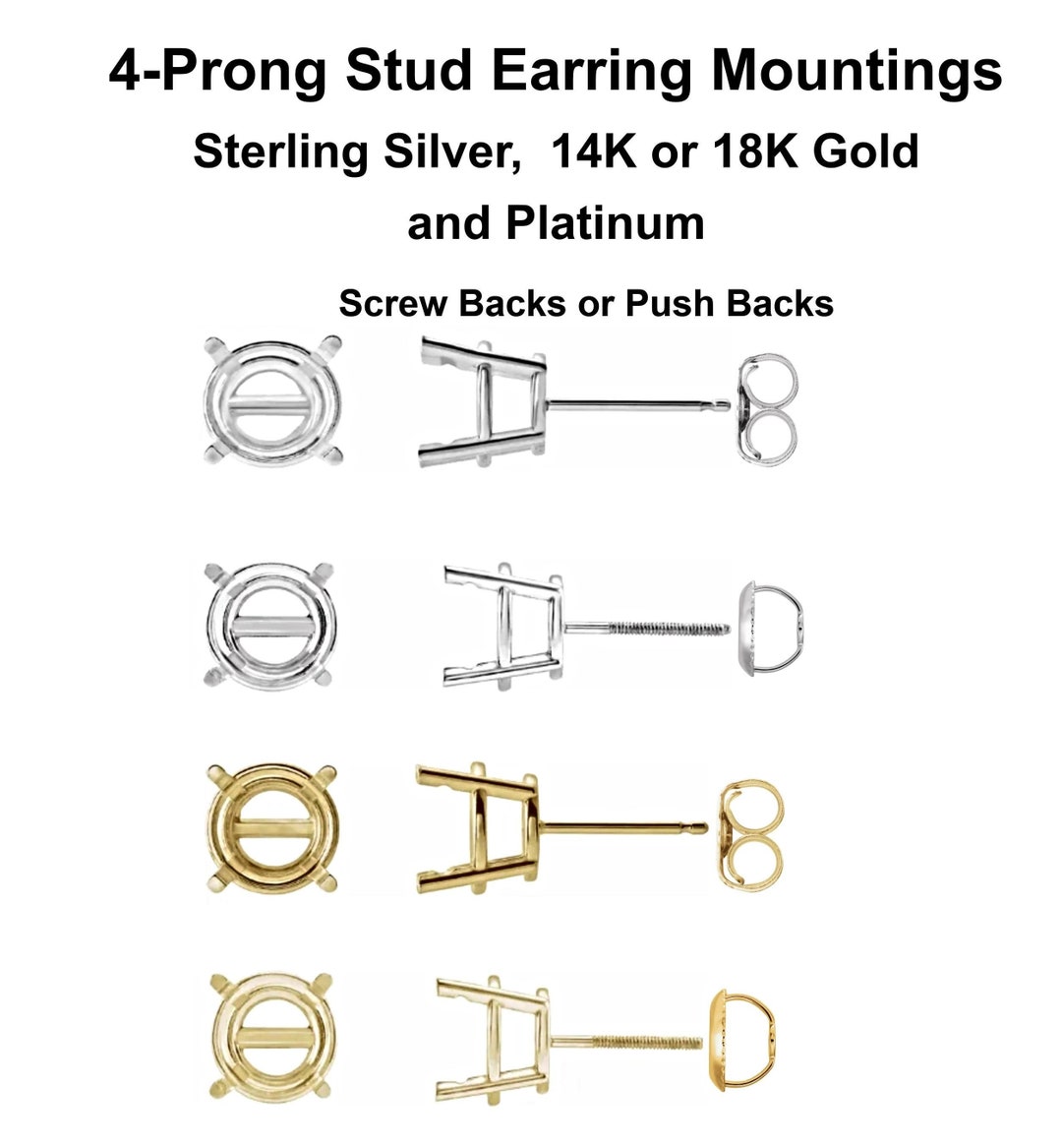 4-prong Stud Earring Mountings for Round Stones 14K 18K Gold, Platinum ...