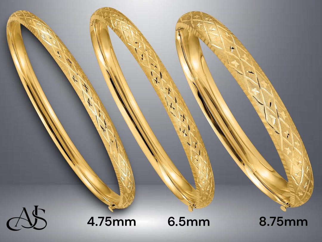 14K Gold Bangle Bracelet Fancy Diamond Cut Design in 4.75mm, 6.5mm, and ...