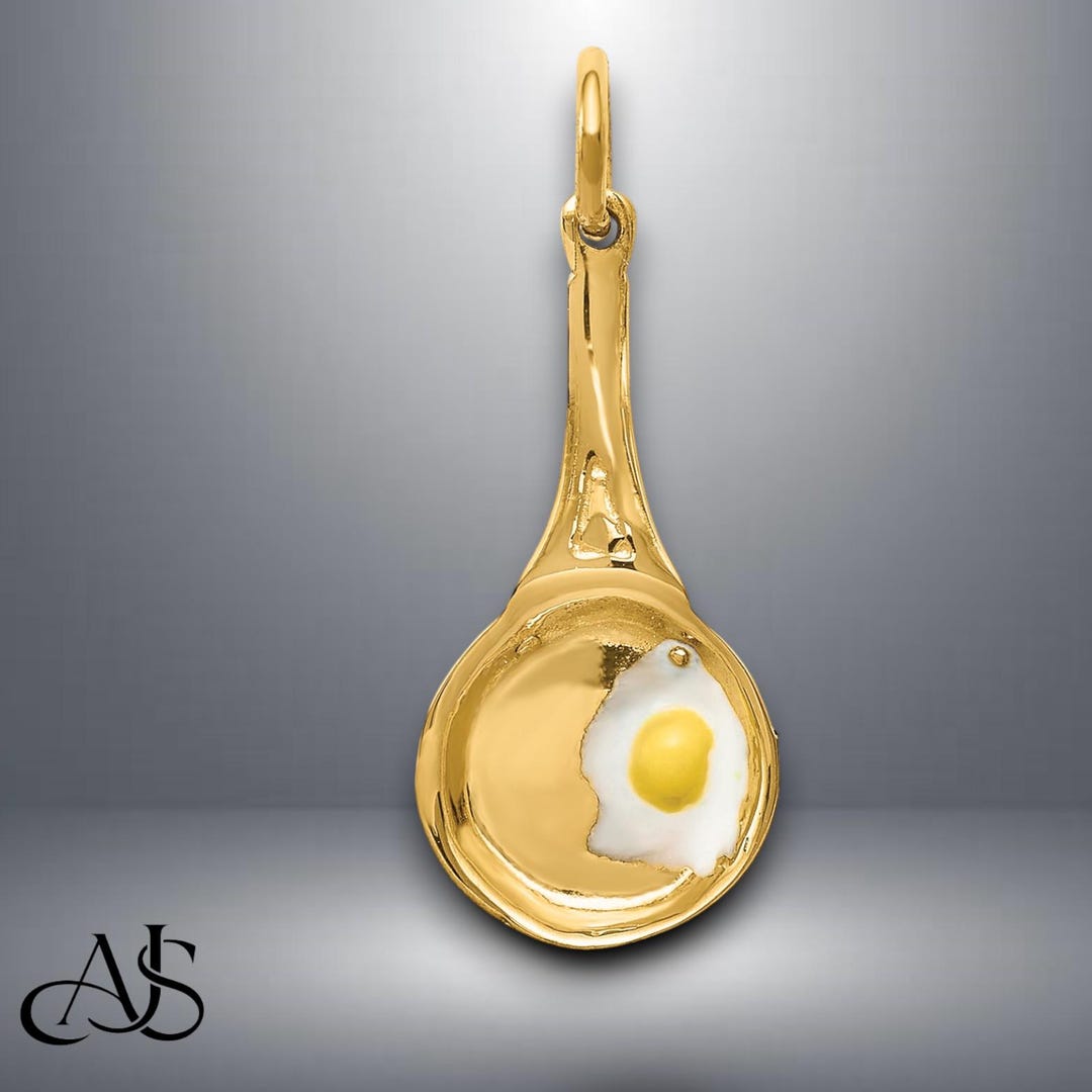 14K Yellow Gold Frying Pan Pendant: Enameled Egg Charm Necklace - Etsy