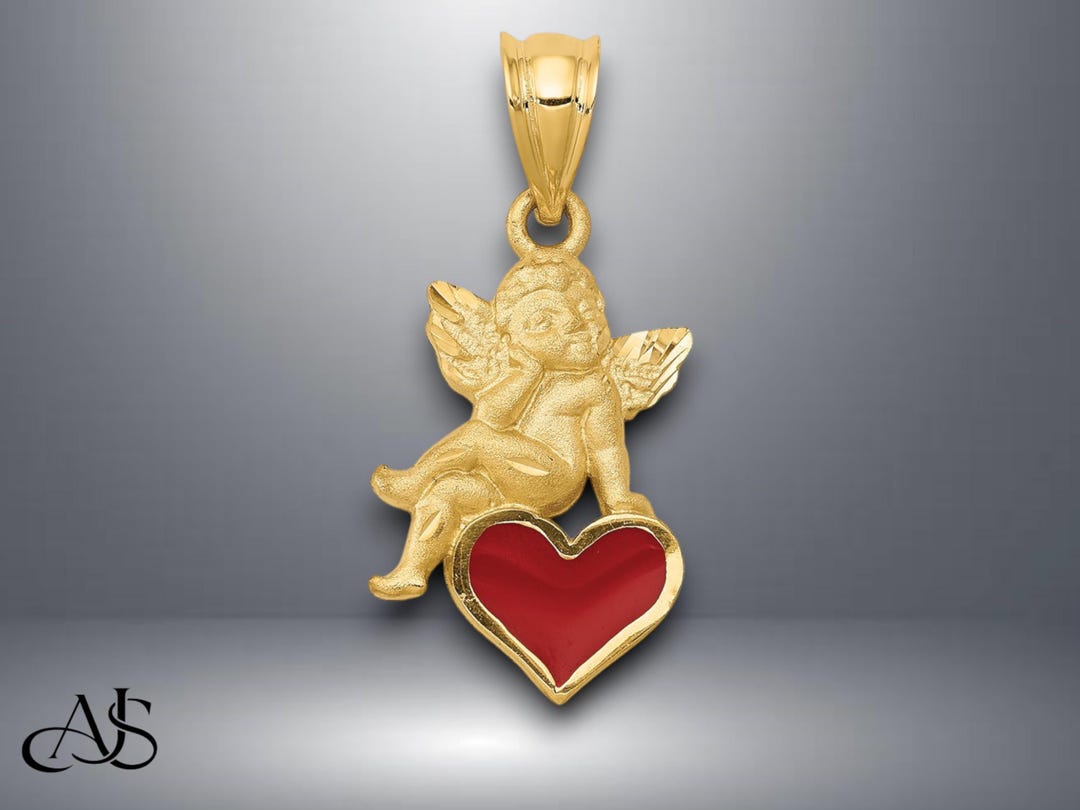 14K Yellow Gold Enameled Angel on Heart Pendant With Necklace Chain ...