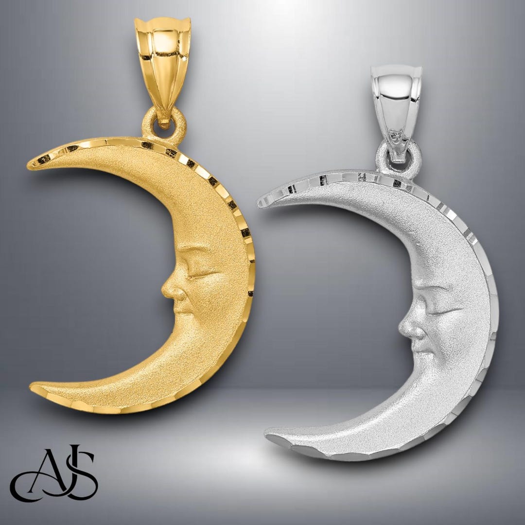 14K Yellow Gold or White Gold Satin Diamond-cut Moon Pendant With ...